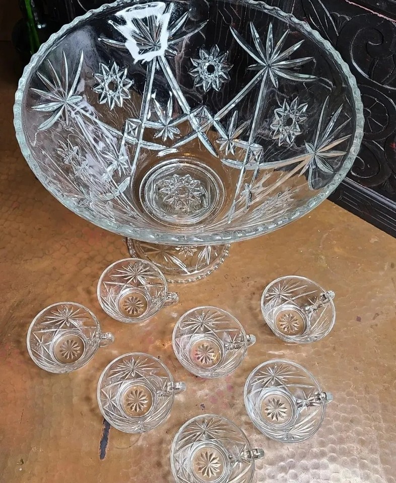 VINTAGE ANCHOR HOCKING EARLY AMERICAN PRESCUT STAR OF DAVID PUNCH BOWL ...