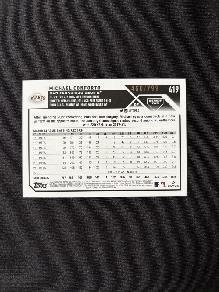 2023 Topps Baseball Card #419 Michael Conforto #'d 460/799 Purple Holo ...