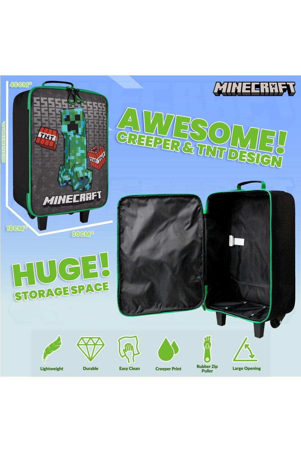 Minecraft Kids Suitcase for Boys and Girls Foldable Hand Luggage Gamer ...