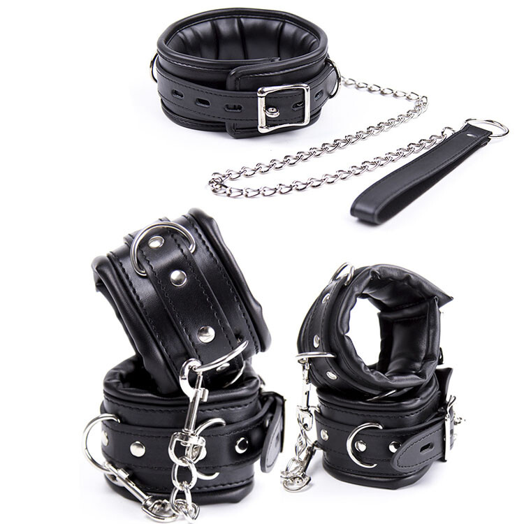 US Bondage Padded Handcuffs Ankle Neck Collar Cuffs PU Leather Choker ...
