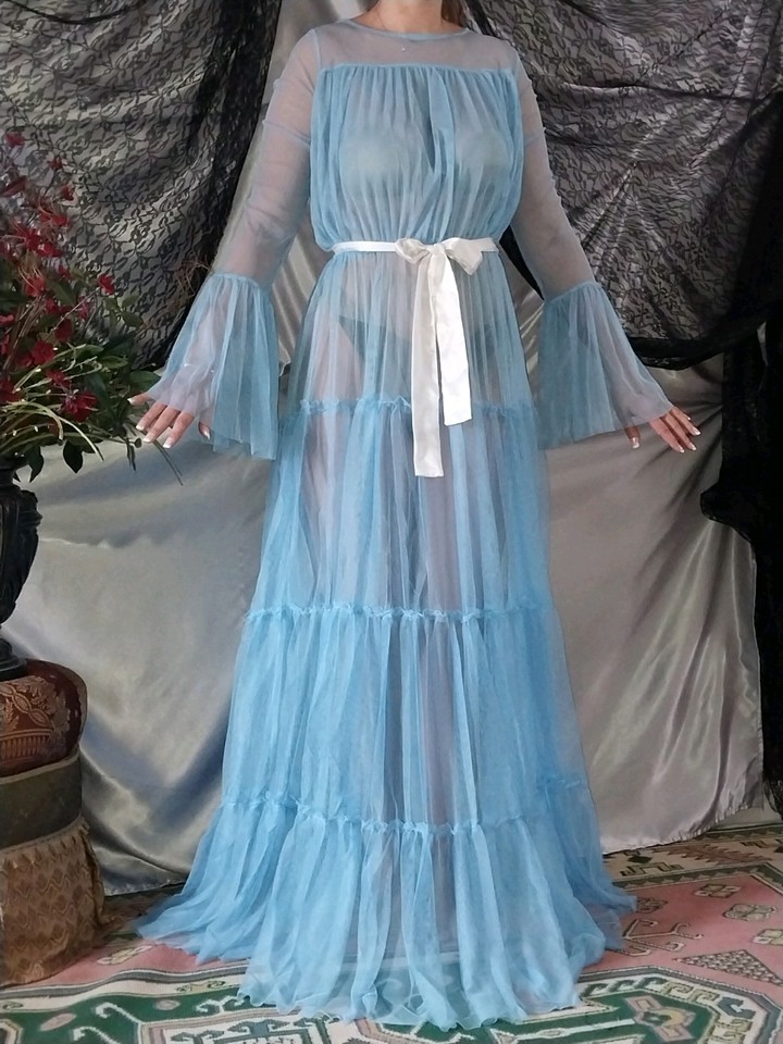 VTG NYLON SILKY SHEER Opaque TRANSPARENT BABY BLUE SISSY SWEEP POET ...