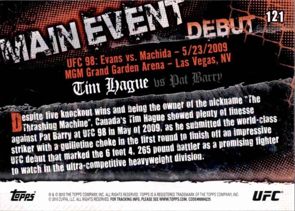 2010 Topps UFC Main Event MMA Trading Card Tim Hague , Pat Barry #121 ...