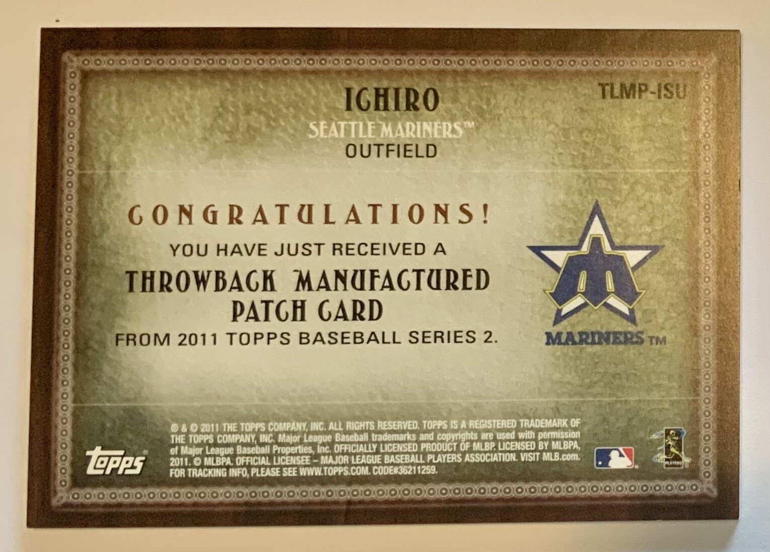 2011 Topps Ichiro 1980 Seattle Mariners Commemorative Patch Card #TLMP ...