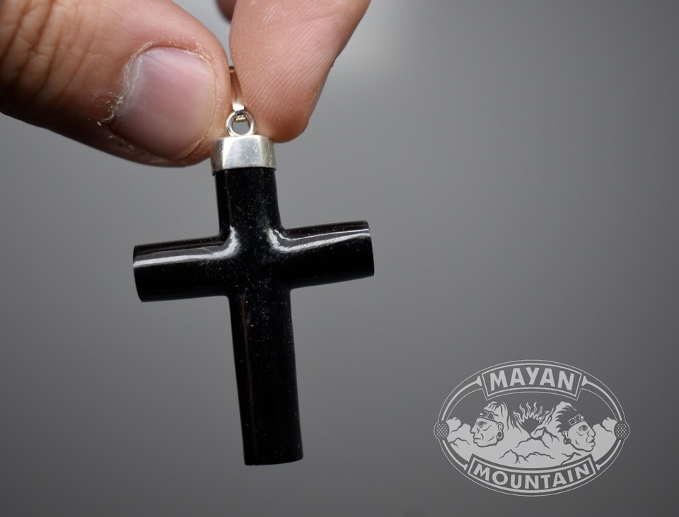 BLACK GUATEMALAN JADEITE JADE CROSS w/ SILVER SETTING Jesus Christ ...
