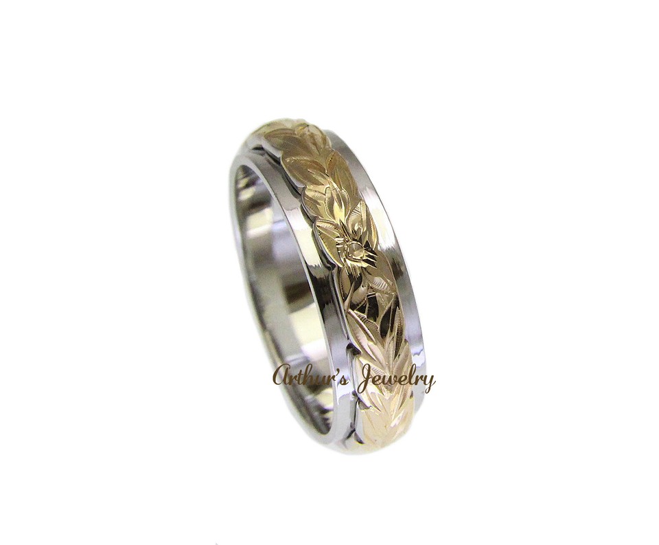 SILVER 925 HAWAIIAN MAILE LEAF 4MM/6MM DOUBLE BAND RING YELLOW GOLD ...