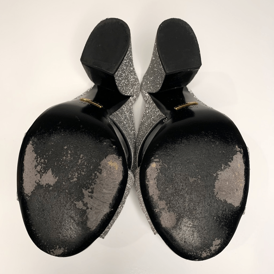 Gucci Webby Mules EU 36.5 US 6.5 Silver Glitter Block Heel Criss Cross ...