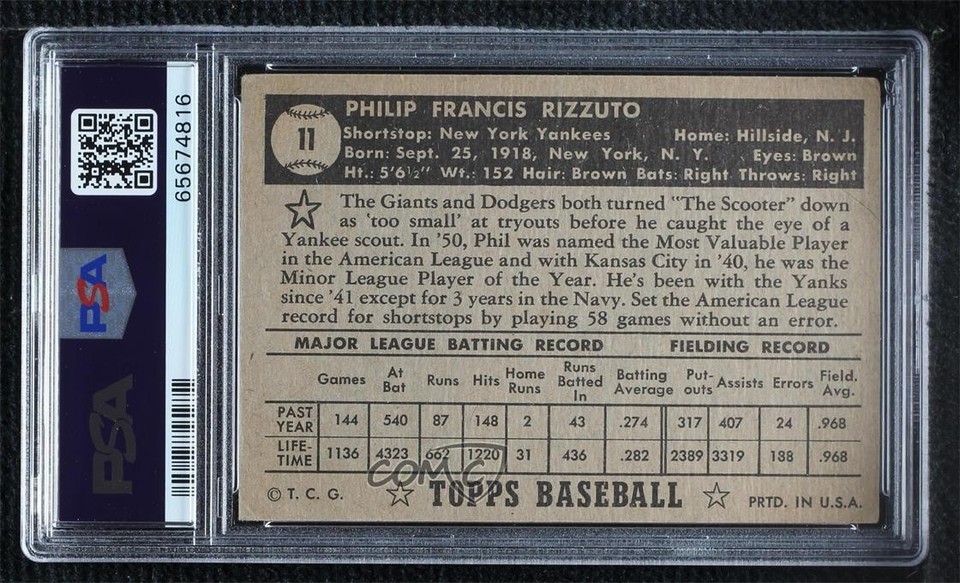 1952 Topps Phil Rizzuto (Black Back) #11 PSA 3 HOF | eBay