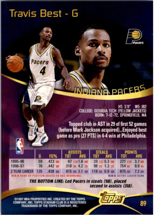 1997-98 Stadium Club Indiana Pacers Basketball Card #89 Travis Best | eBay