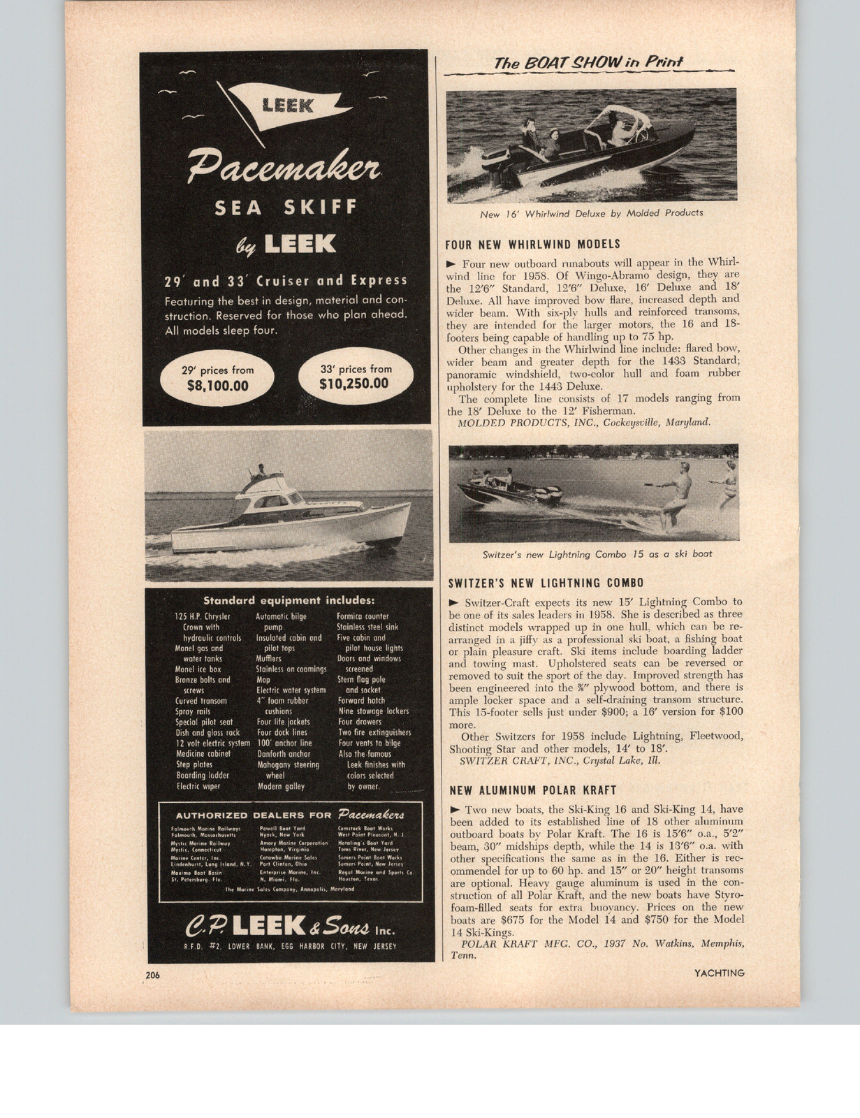1958 PAPER AD C P Leek & Sons Pacemaker Sea Skiff 29' 33' Cruiser ...