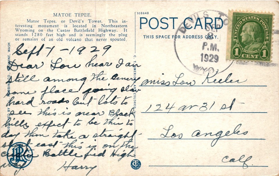 Devil's Tower, Wyo, JL,ROBBINS CO, Wyoming, Matoe Postcard | eBay