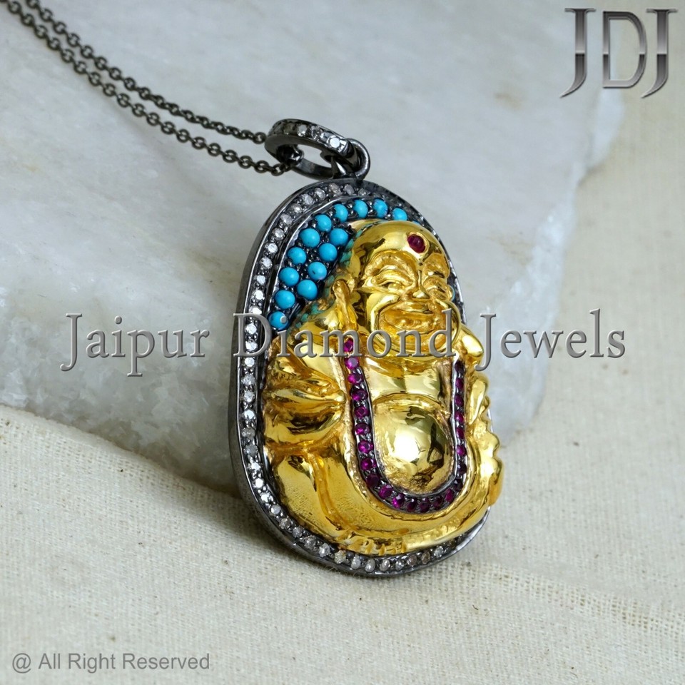 Natural Pave Diamond Turquoise Ruby Gemstone 925 Silver Buddha Chain ...