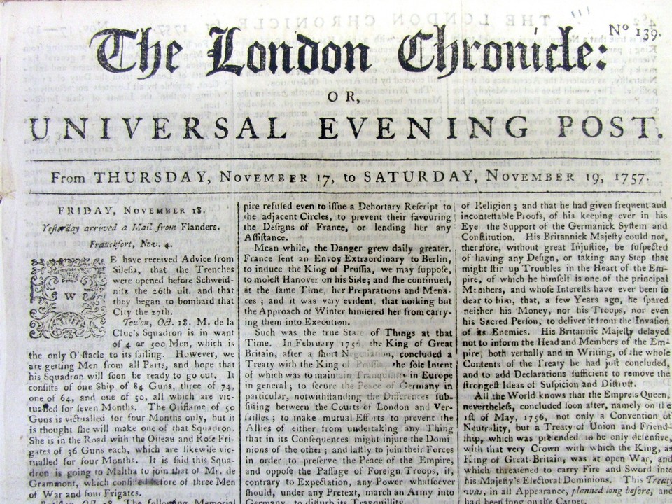 1757 newspaper BEGINNING of the FRENCH & INDIAN WAR Long essay of ITS ...