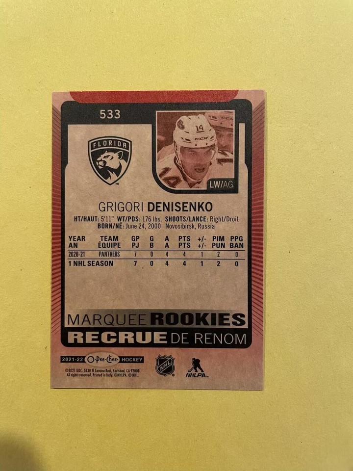 2021-22 O-Pee-Chee Red Border Rookie RC #533 Grigori Denisenko Florida ...