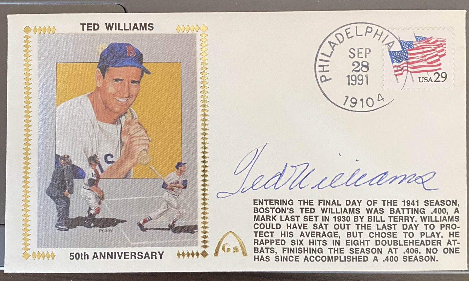 TED WILLIAMS AUTOGRAPH 1991 GATEWAY STAMP CACHET .400 SEASON 50TH ...