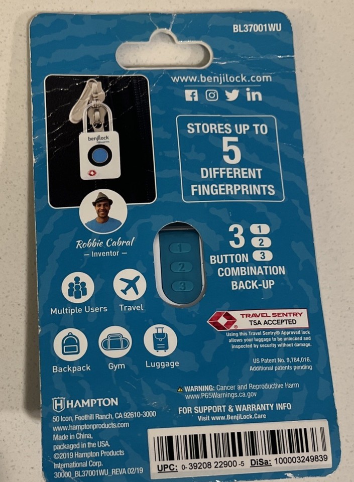 BENJILOCK BY HAMPTON - Fingerprint PADLOCK - BL37001WU | eBay