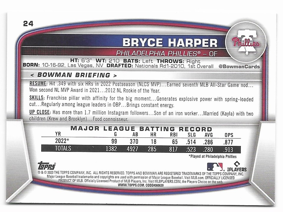 2023 Bowman Paper Neon Green Border Bryce Harper #354/399 (24) Phillies ...