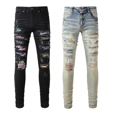 Men's Skinny fit Stretch Ripped Patches Sanding Washed Distressed Denim ...