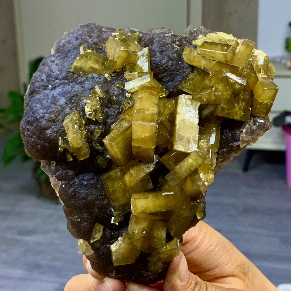 2.33LB Shiny Golden Cuboid Barite Crystal Based on the Purple Spherical ...