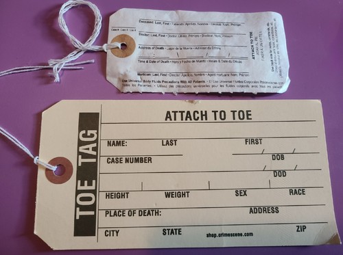 2 Morgue Funeral Identification Toe Tags Mortuary | eBay