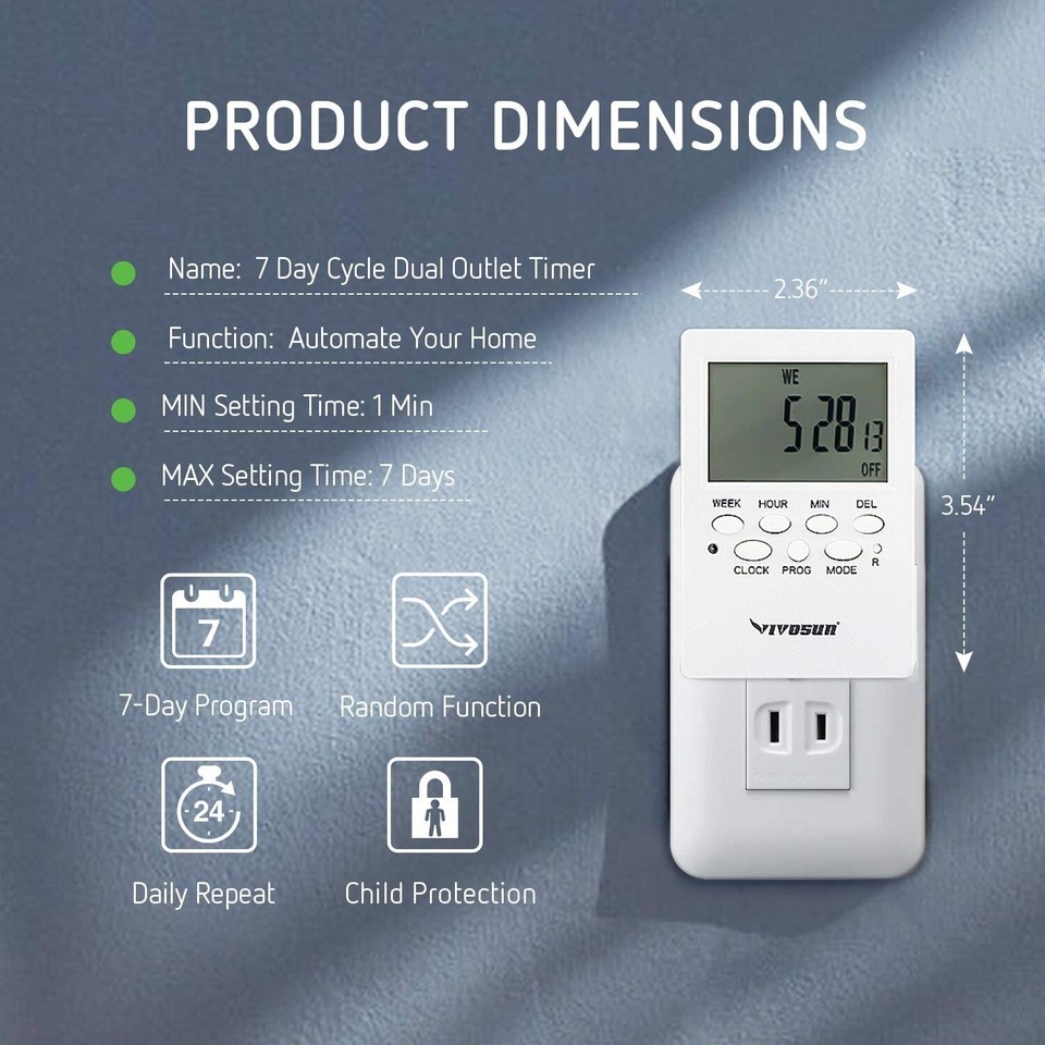 VIVOSUN 7 Day Programmable Digital Timer Dual Outlet Switch w ...