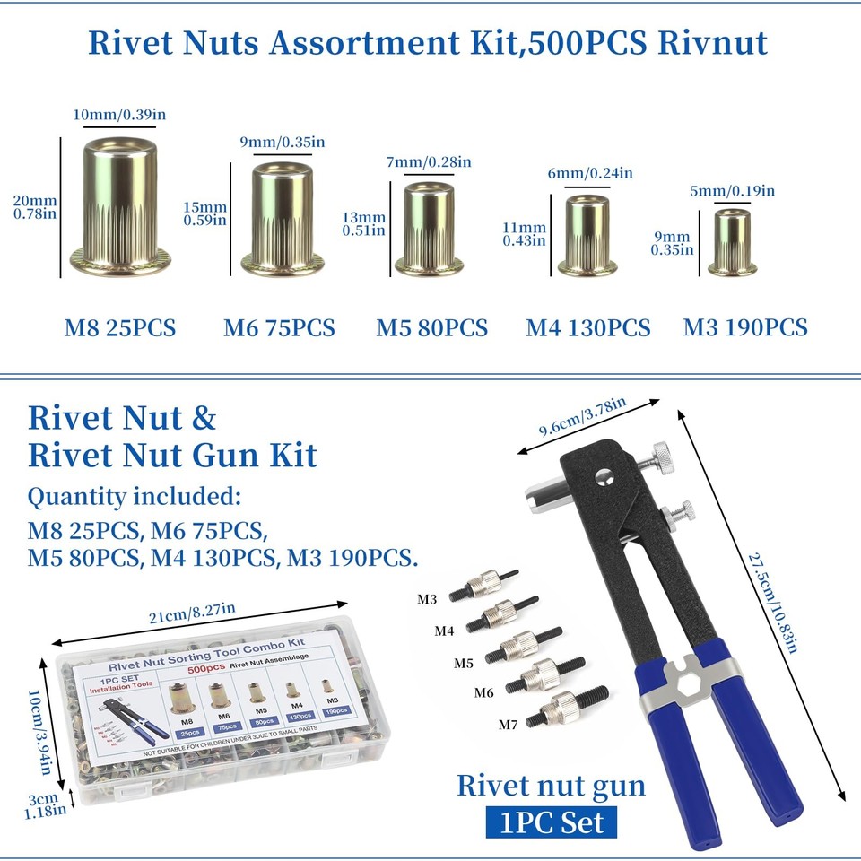 Rivet nut Tool kit,rivnut Tool,500Pcs Metric Rivet Nut Combination (M3 ...
