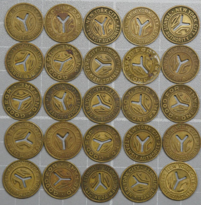 Lot of 25 New York City Transit Subway Tokens 1953 Y-Cutout 16mm NY 630 ...