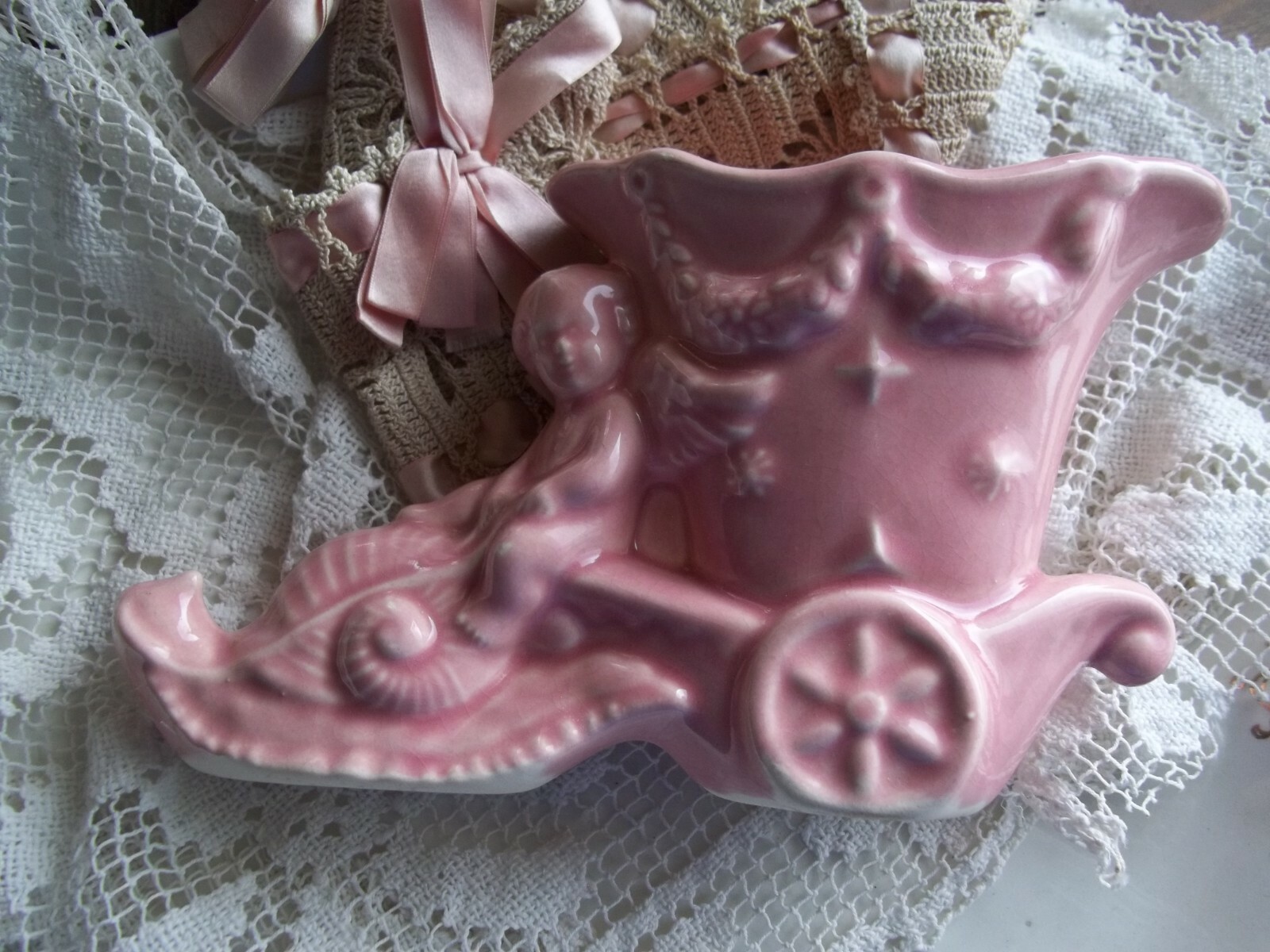 Vintage Pink Planter Cupid riding Snail baby Angel Cart with Wheels ...