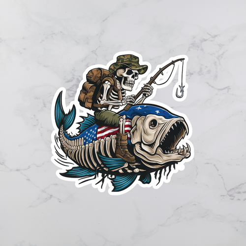 American Flag fishing sticker vinyl decal bass skeleton gothic tackle ...