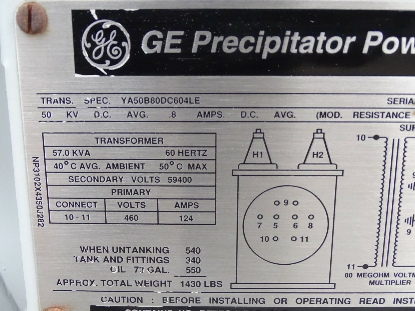 GE 57kVA Transformer Rectifier 460v Single Phase, SEC: 59400v , GEK ...