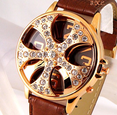 XL Gent Mens Brown Leather Bling Crystal Gold Rapper Spin Ice Pimp ...