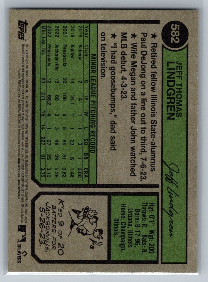 Jeff Lindgren 2023 Topps Heritage BASEBALL #582 Miami Marlins RC | eBay