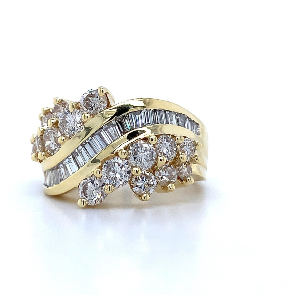 18K Yellow Gold Baguette Diamond & Round White Diamond Wavy Band Ring ...