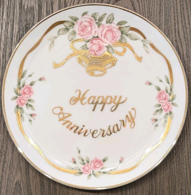 Lefton China 07021 Happy Anniversary Plate w/Rose & Bell Pattern, Gold ...