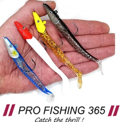 4 x Sandeel Sea Fishing Lures Jighead Soft Savage Bass Cod Bait Gear 22 ...