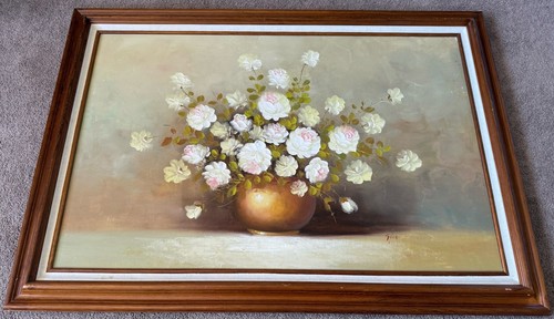 Large Robert Cox Signed Oil Painting White & Pink Roses Framed 42” X 30 ...
