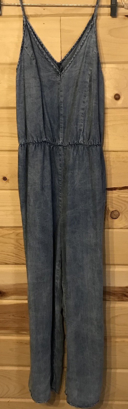 Women’s Chambray Denim Jumpsuit Wide Leg V-Neck Pockets Blue Small XS-S ...
