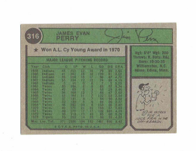 Jim Perry Detroit Tigers Pitcher #316 TCG 1974 #Baseball Card | eBay
