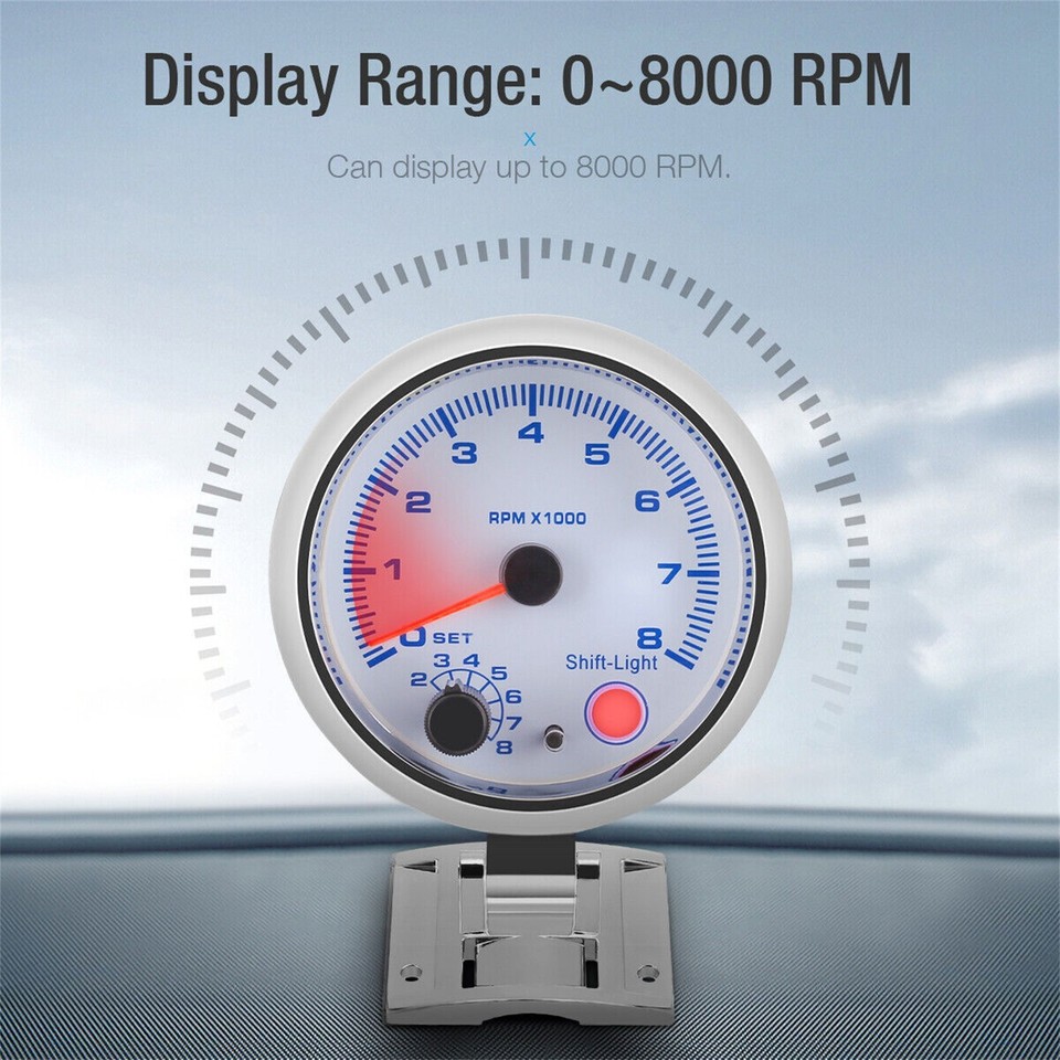 3.75" 95mm 12V Car Tachometer Gauge Meter LED Shift Light 0-8000 RPM ...