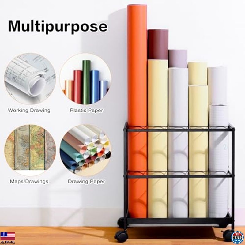 Metal Blueprint Storage Rack Cart - 15 Slots for Posters, Plans ...