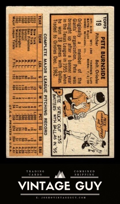 1963 Topps #19 Pete Burnside Vintage Baltimore Orioles Baseball Card | eBay