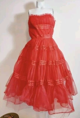 Vintage 50s Emma Domb Red Prom cupcake dress Strapless Net Tulle ...