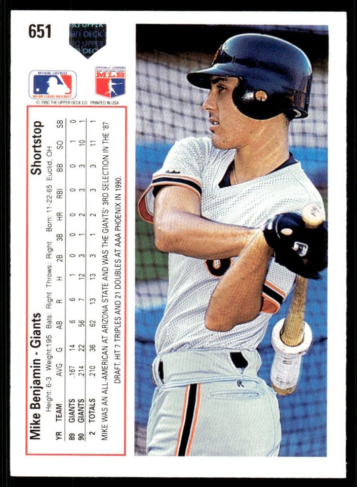 1991 Upper Deck 651 Mike Benjamin San Francisco Giants Baseball Card | eBay