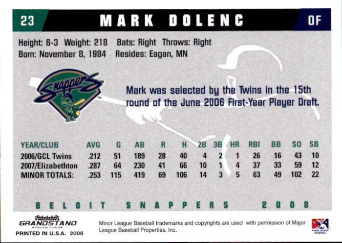 2008 Beloit Snappers Grandstand #6 Mark Dolenc Eagan Minnesota MN ...