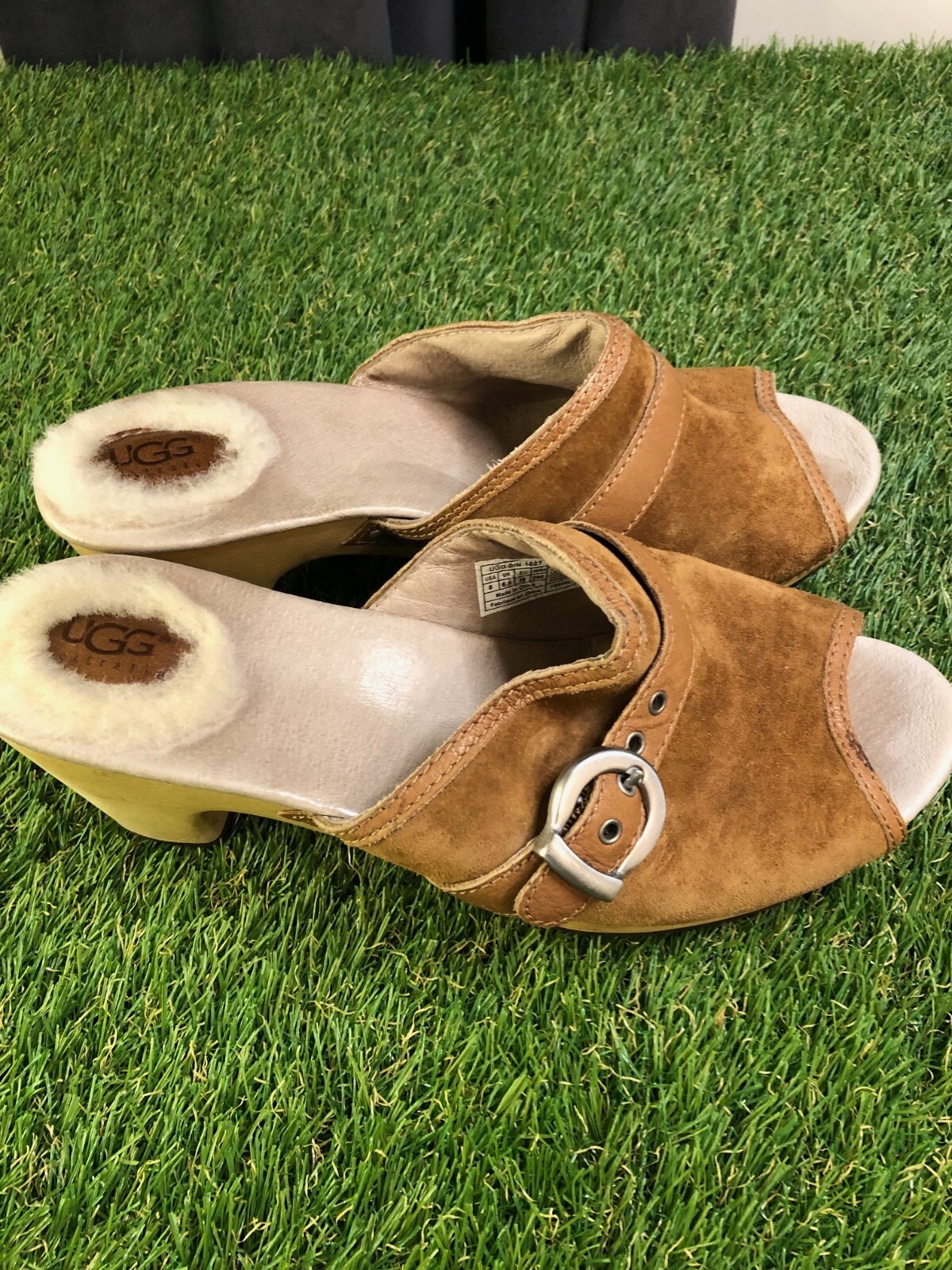 UGG Katherine Brown Peep Open Toe Clog Mule Shoes Lea… - Gem