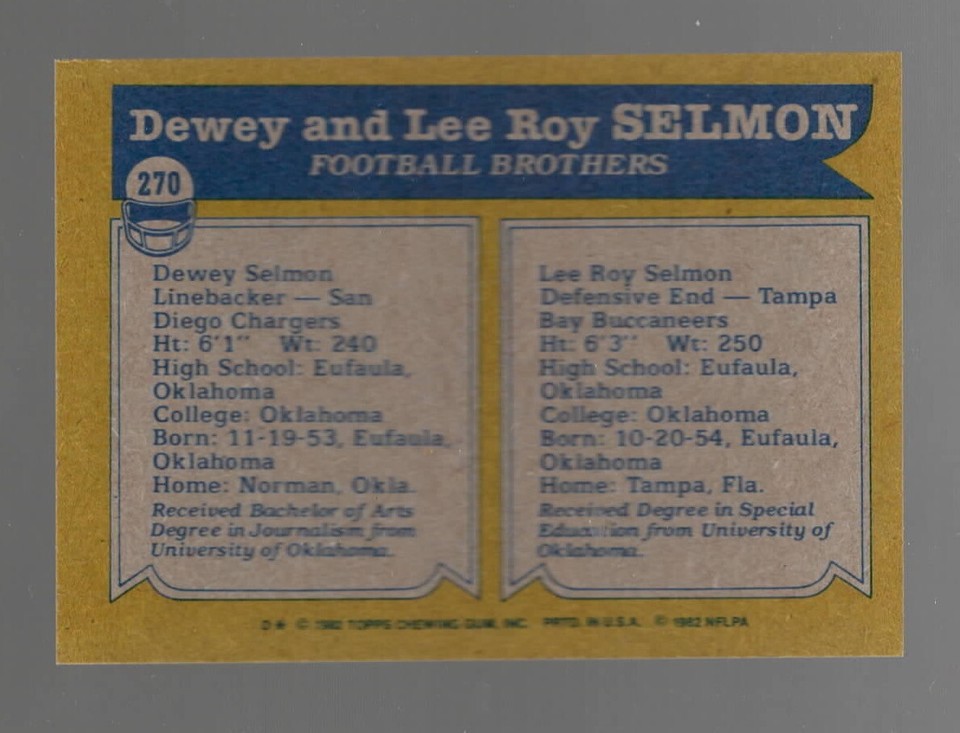 1982 Topps #270 Dewey Selmon / Lee Roy Selmon Brothers NM/Mint | eBay