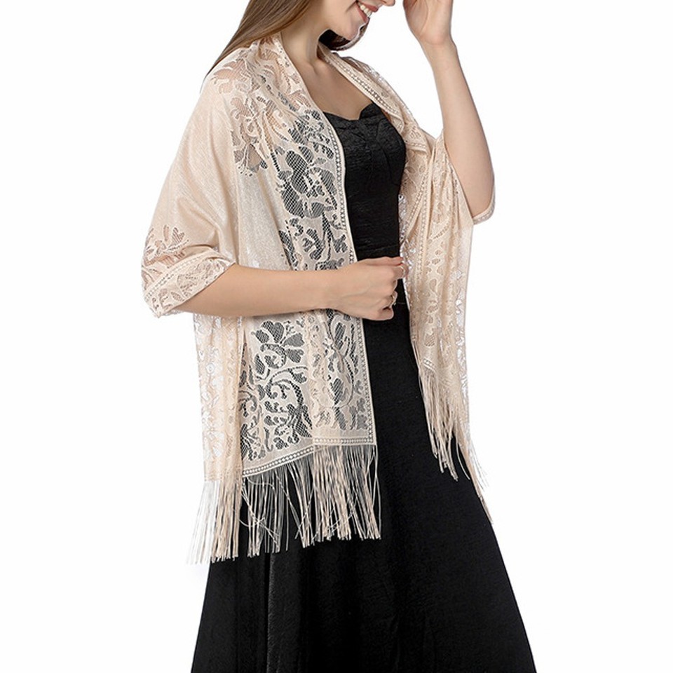 Pretty Sheer Tulle Lace Shawl Scarf with Tassels for Evening Party ...