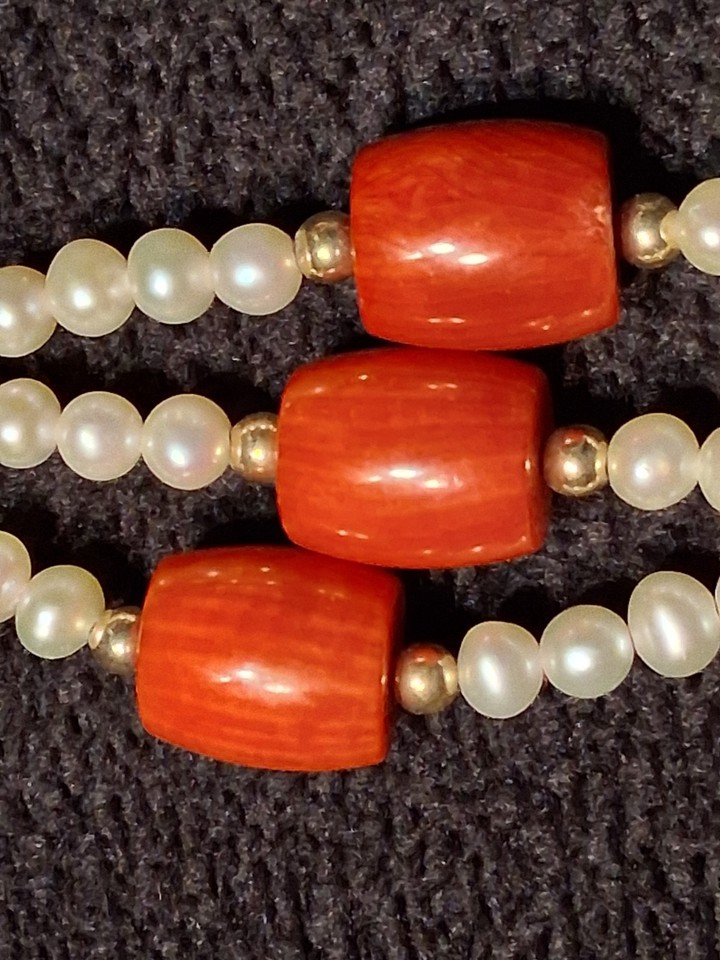 VINTAGE GSJ SIGNED 14K 585 STAMPED DYED RED BAMBOO CORAL AND PEARL ...