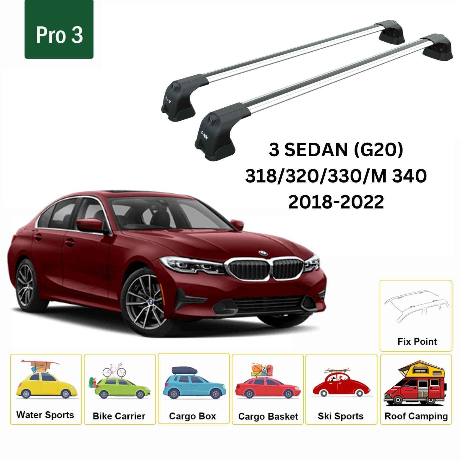 For BMW 3 Sedan (G20) 2018-22 Roof Rack Cross Bars Fix Point Alu Silver ...