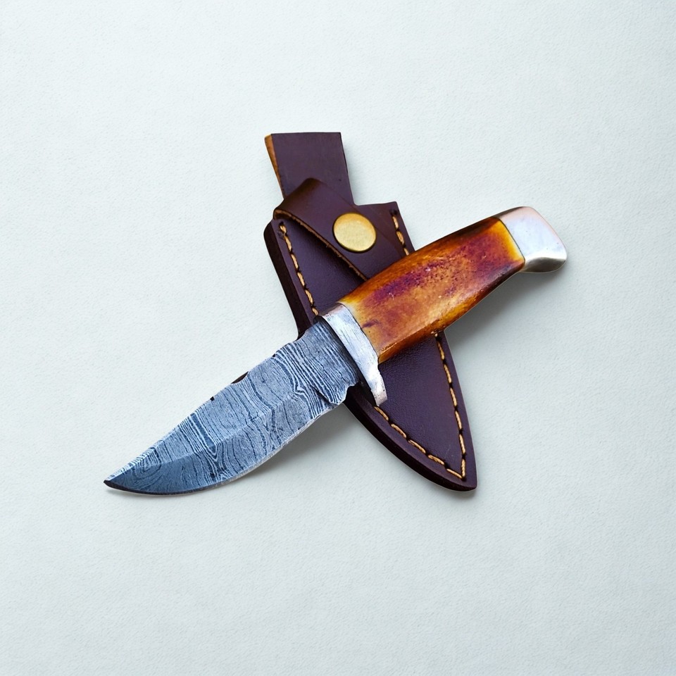 SHARD Damascus Steel Mini Neck Knife Fixed Blade Bone Handle Skinner ...