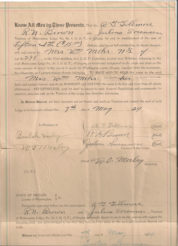 #803 Hillsboro OREGON 1924 Montezuma Lodge No. 50 IOOF Cemetery Deed ...